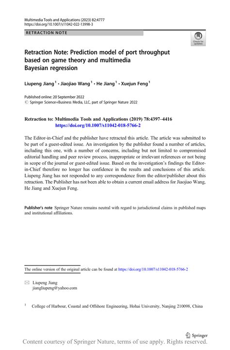 Retraction Note Prediction Model Of Port Throughput Based On Game Theory And Multimedia