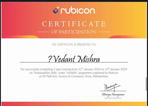 vedant mishra on linkedin the certificate of participation in rubicon