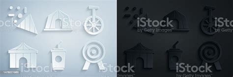 물 외발 자전거 또는 한 바퀴 자전거 서커스 텐트 타겟 및 축제 색종이 아이콘으로 종이 유리를 설정합니다 벡터 1에 대한 스톡 벡터 아트 및 기타 이미지 Istock