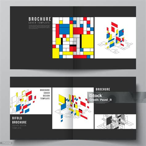 사각형 디자인 Bifold 브로셔 잡지 전단지 소책자를위한 두 개의 표지 템플릿의 벡터 그림 추상 다각형 배경 화려한 모자이크 패턴 복고풍 바우하우스 드 Stijl 디자인