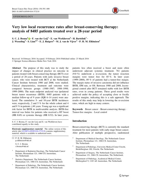 Pdf Very Low Local Recurrence Rates After Breast Conserving Therapy Analysis Of 8485 Patients