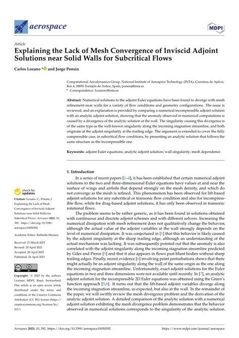Pdf Explaining The Lack Of Mesh Convergence Of Inviscid Adjoint Solutions Near Solid Walls For