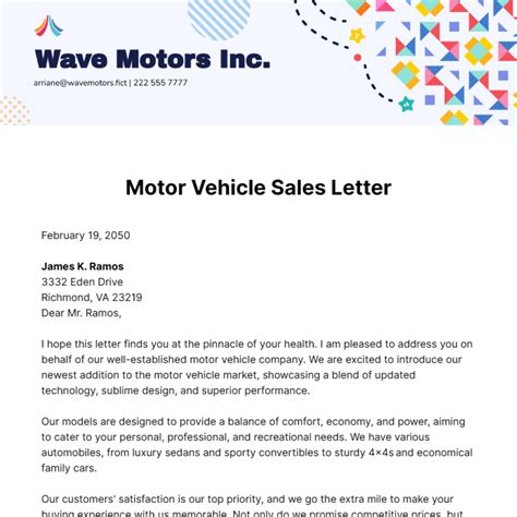 Free Motor Vehicle Sales Letter Template To Edit Online