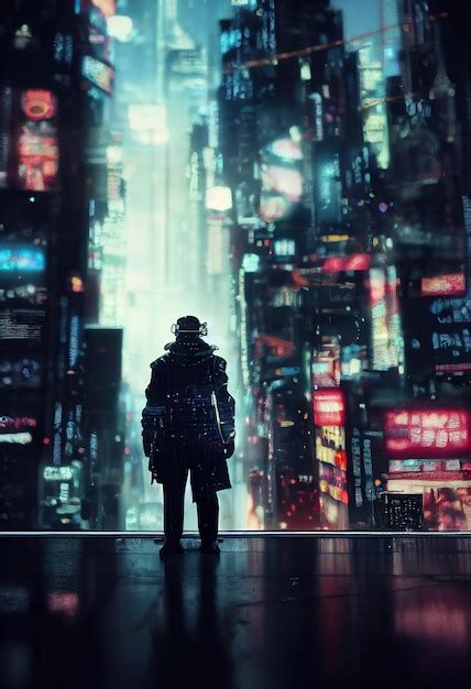 미래의 비오는 도시의 공상 과학 사이버 펑크 미래에서 온 하이테크 미래 지향적 인 남자 프리미엄 사진