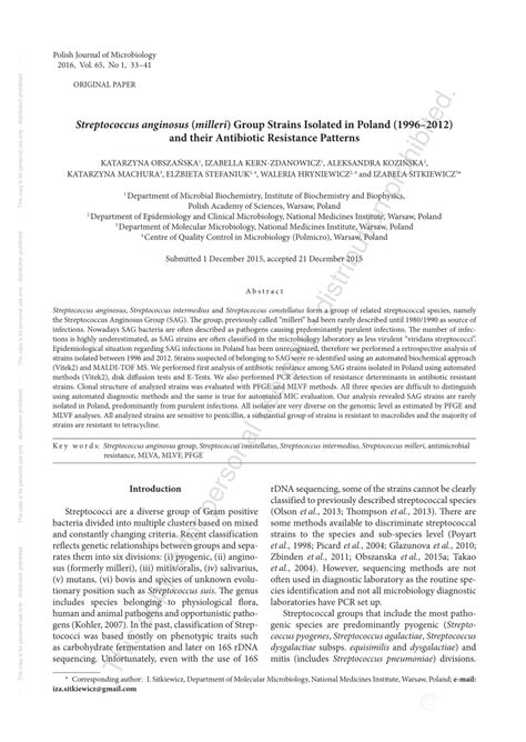 Pdf Streptococcus Anginosus Milleri Group Strains Isolated In Poland 1996 2012 And Their
