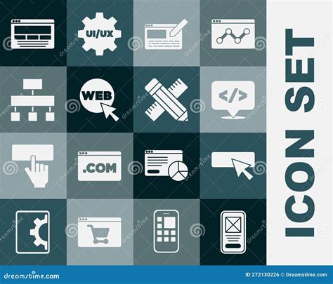 Set UI Or UX Design Front End Development Web And Graphic Site Map And Crossed Ruler Pencil
