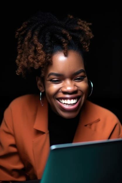 Premium Ai Image Portrait Of A Young Woman Smiling At Her Laptop