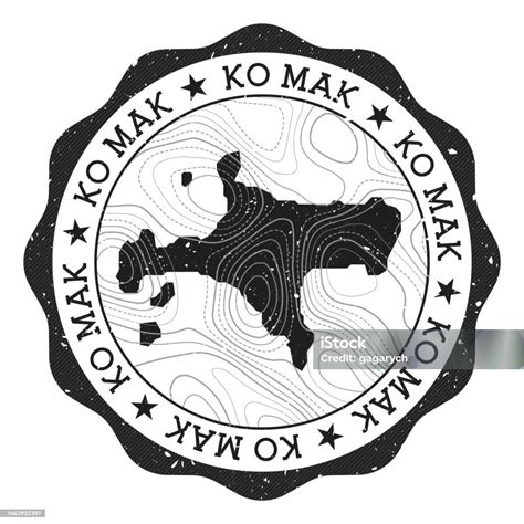 코 막 야외 스탬프 지형 등각선이 있는 섬의 지도가 있는 둥근 스티커 벡터 그림입니다 Ko Mak의 휘장 로고 타입 라벨 스티커 또는 배지로 사용할 수 있습니다 관광객에