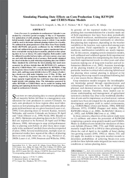 Pdf Simulating Planting Date Effects On Corn Production Using Rzwqm