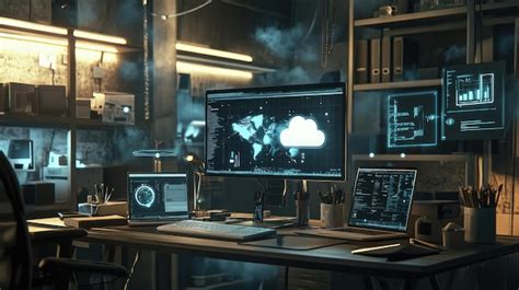 Cybersecurity Workstation With Cloud Icon And Network Visualization Premium Ai Generated Image