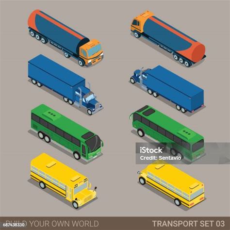 평면 3 차원 Isometric 고품질 시 긴 차량 전송 아이콘 세트 탱크 기름 물통 트럭 시외 관광 학교 버스입니다 당신의 자신의 세계 웹 Infographic 컬렉션을