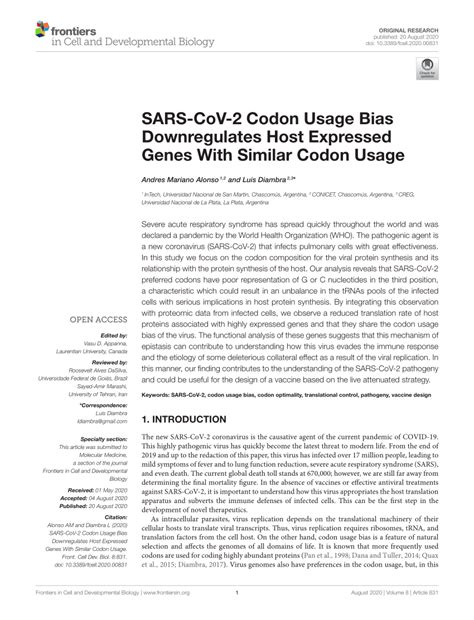 Pdf Sars Cov 2 Codon Usage Bias Downregulates Host Expressed Genes