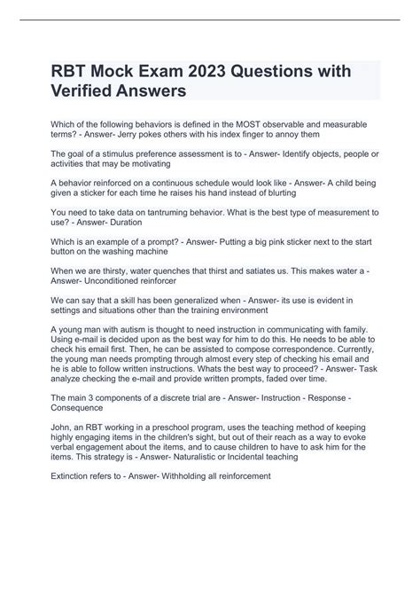 RBT Mock Exam Questions With Verified Answers RBT Stuvia US