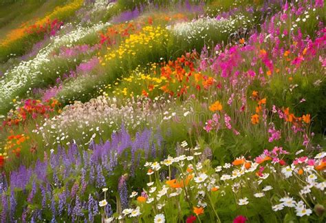 Colorful Flower Field Spread Across Foothills Landscapeai Generated
