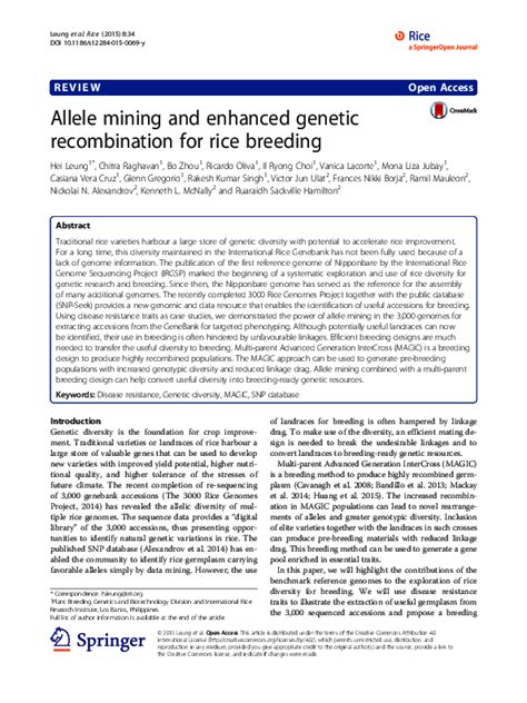 Pdf Allele Mining And Enhanced Genetic Recombination For Rice Breeding