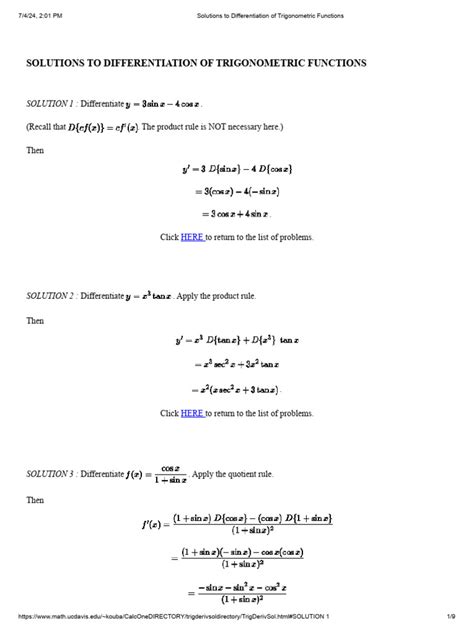 Solutions To Differentiation Of Trigonometric Functions Pdf Derivative Teaching Methods