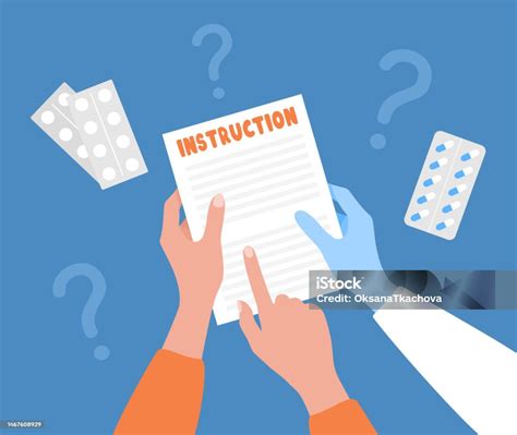 의사와 환자의 손 종이 지침 및 파란색 배경에 알약이 있는 물집 팩 의사가 환자에게 약을 복용하는 방법을 설명합니다 플랫 스타일의 벡터 그림 지침서에 대한 스톡 벡터 아트