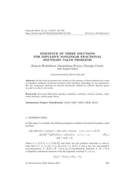 Pdf Existence Of Three Solutions For Impulsive Nonlinear Fractional Boundary Value Problems