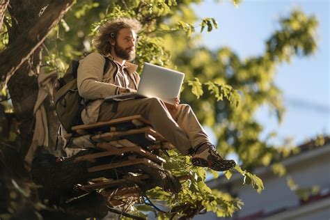 Premium Photo Programmer Sitting On A Tree Branch And Coding On A