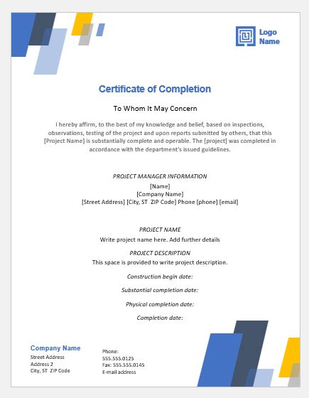 4 Certificate Templates For Completion Of A Project Word Excel