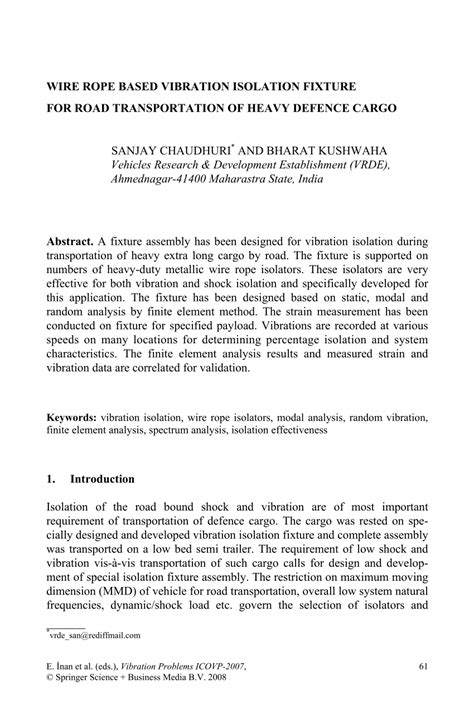 Pdf Wire Rope Based Vibration Isolation Fixture For Road Transportation Of Heavy Defence Cargo