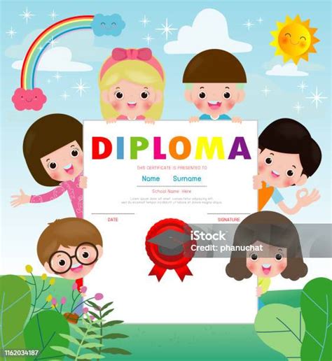 인증서 아이 졸업장 유치원 템플릿 레이아웃 공간 배경 프레임 디자인 벡터 유치원 어린이 디플로마 어린이 졸업장 교육 유치원 개념