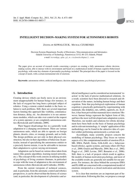 Pdf Intelligent Decision Making System For Autonomous Robots