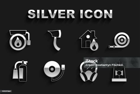 울리는 알람 벨 소방 호스 릴 점멸 사이렌 방독면 소화기 불타는 집 및 소방관 도끼 아이콘을 설정합니다 벡터 건축하기에 대한