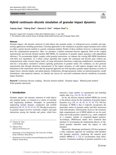 Hybrid Continuumdiscrete Simulation Of Granular Impact Dynamics