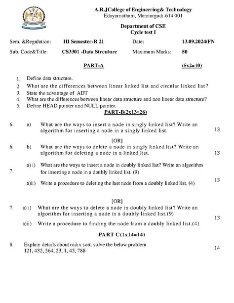 Data Structure New 1 Question Papaer Ar Of Engineering