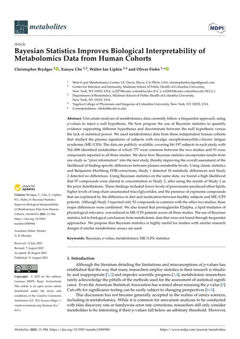 Pdf Bayesian Statistics Improves Biological Interpretability Of Metabolomics Data From Human