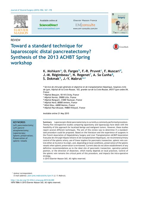 Pdf Toward A Standard Technique For Laparoscopic Distal Pancreatectomy Synthesis Of The 2013