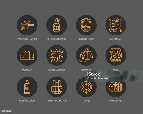 페인트 볼 게임 라인 아이콘입니다 야외 스포츠 장비 페인트 볼 마커 유니폼 마스크 가슴 보호 익스트림 레저 얇은 개요 표시 달 배경 개체 그룹에 대한 스톡 벡터 아트 및