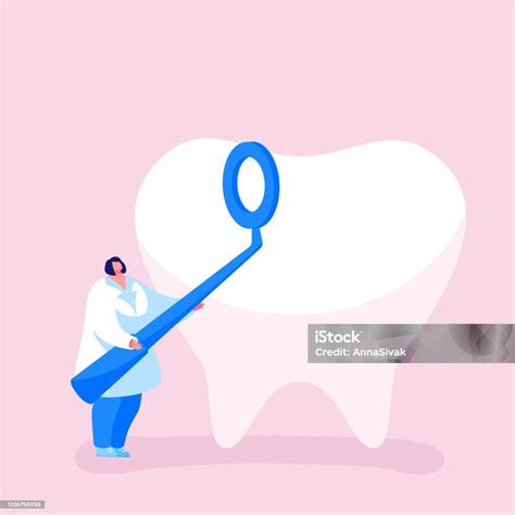 작은 치과 의사 여성 의사 캐릭터 에 화이트 로브 보유 거대한 치아의 치과 거울 관리 치과 클리닉 치과 직업 우식 예방 및 치료 만화 벡터 일러스트레이션 거울에 대한 스톡