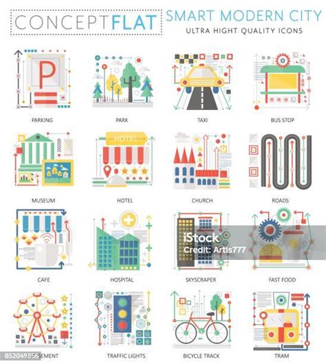 웹에 대 한 인포 그래픽 미니 개념 스마트 현대 도시 요소 아이콘 프리미엄 품질 컬러 개념 평면 디자인 웹 그래픽 아이콘 요소 스마트 시티 개념입니다 인포그래픽에 대한 스톡