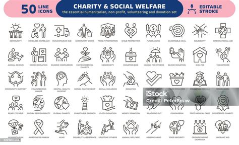 자선 및 사회 복지 아이콘 세트입니다 자선 기부 비영리 단체 자원 봉사 기부 지역 사회 지원 인도주의적 지원 및 글로벌 구호를 위한 가는 선 편집 가능한 획 아이콘 아이콘에