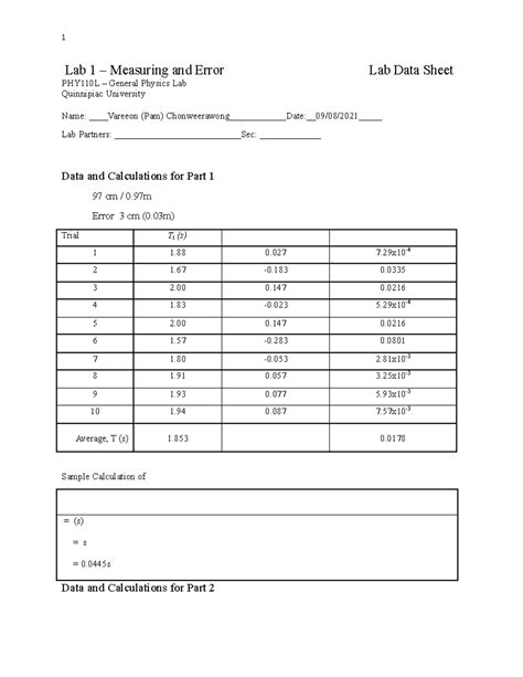 Phy110 Lab 1 Measurement And Error Lab Data Sheet Lab 1