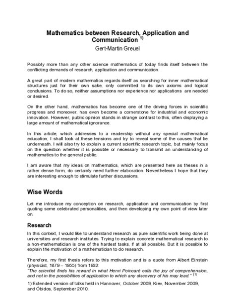 Pdf Mathematics Between Research Application And Communication