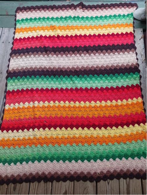 Afghan Granny Knit Lap Blanket Stripe Fall Color Red 58x44 Retro