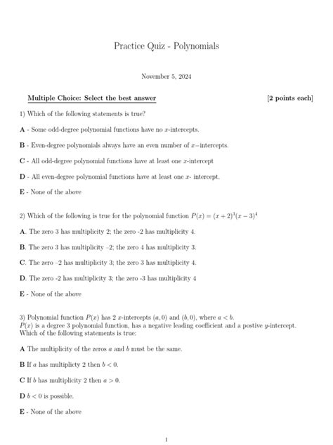 2025 Polynomial Practise Quiz Pdf Zero Of A Function Mathematical Objects
