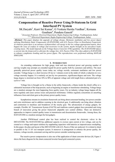 Pensation Of Reactive Power Using D Statcom In Grid Interfaced Pv System Pdf
