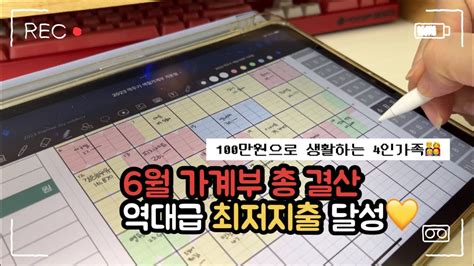 가계부 Vlog 8 6월 가계부 총 결산 역대급 최저지출 달성💛 628~630 외벌이4인가족 절약브이로그 Youtube