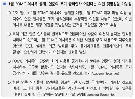 코멘트 1월 Fomc 의사록 공개 연준 조기 금리인하 어렵다는 의견 뒷받침할 가능성 국금센터