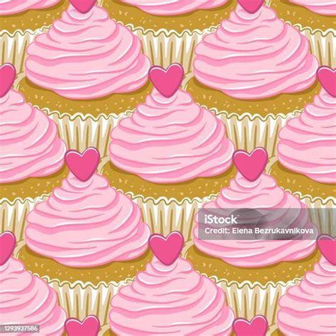 컵 케이크와 원활한 발렌타인 데이 패턴 핫 핑크 하트핑크 컵케이크 발렌타인 데이 포장지 카드 직물 등에 대한 밝은 벡터 배경