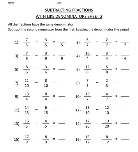 Subtracting Fractions Worksheet With Two Digit Numbers And The Same Number