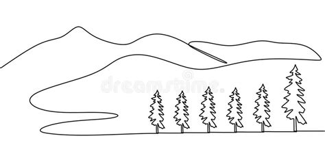 Continuous One Line Drawing Of Mountains With Dense Forest Symbol Of