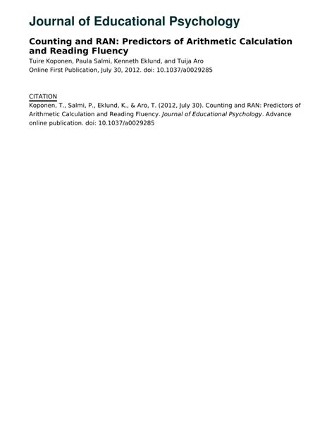 Pdf Counting And Ran Predictors Of Arithmetic Calculation And Reading Fluency