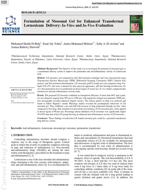 El Ridy Et Al 2017 Formulation Of Niosomal Gel For Enhanced Transdermal Lornoxicam Delivery