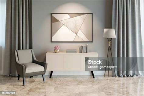 2 개의 창문 받침대에 장식 램프 안락 의자 및 그림이있는 현대적인 객실의 인테리어 전면 뷰입니다 거실에 대한 스톡 사진 및 기타 이미지 Istock