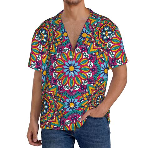 Balery Mandala Mens Casual Button Down Shirt Short Sleeve Textured